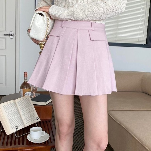 [옷자락]여자 테니스스커트 키작녀 스판 플리츠 분홍 치마_P337661727