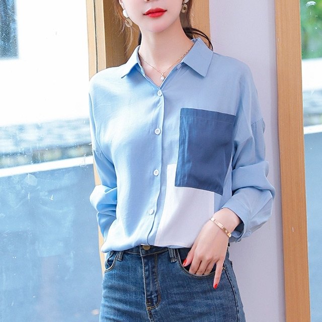 너무편해[123]-스탠카라 드롭 숄더 포켓 배색 블라우스