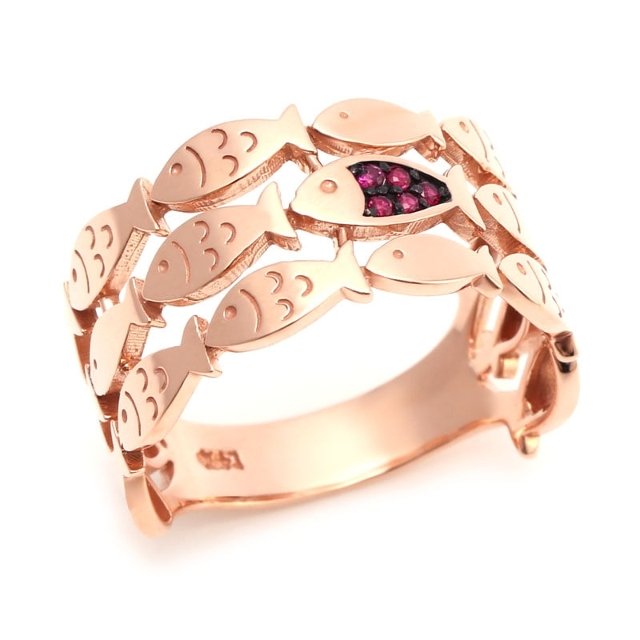 [비앤비골드] 14K 레이어드 세줄 물고기 루비 반지 SRS29724