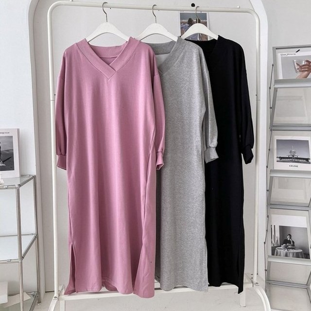 [아이우먼]빅사이즈사랑해요 N832L301 겹V넥TC면트임롱원피스 OU_P334225607