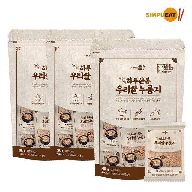 [심플잇] 하루한봉 우리쌀 누룽지 600g(60gX10봉) x 3개
