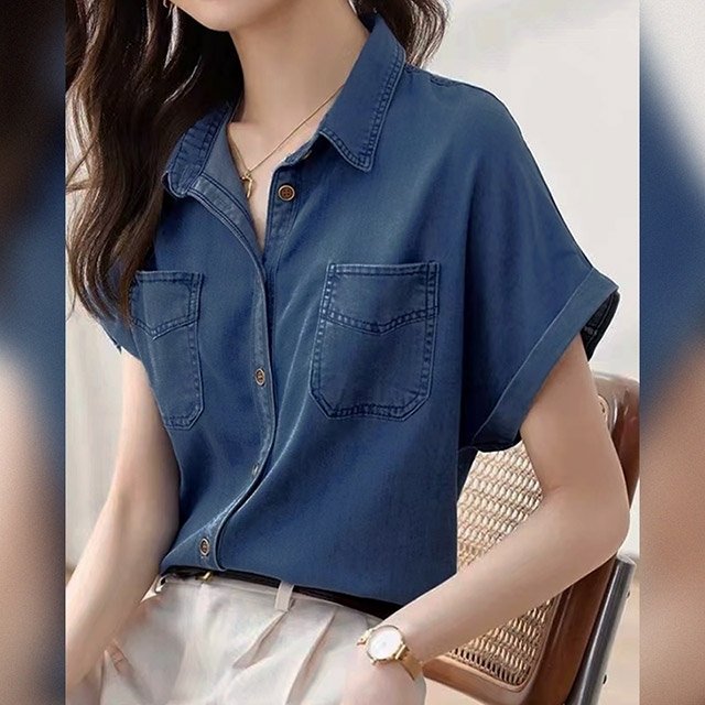 [무드무드] 몬테스 언발 데님 반팔 셔츠