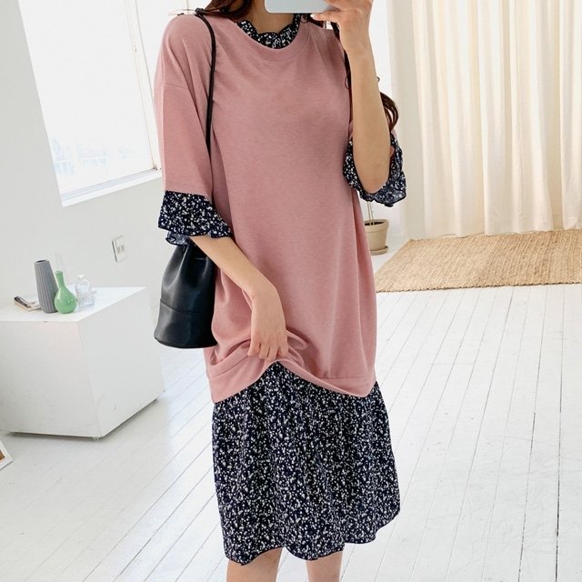 [로로텐]플러미 배색 플라워원피스 빅사이즈