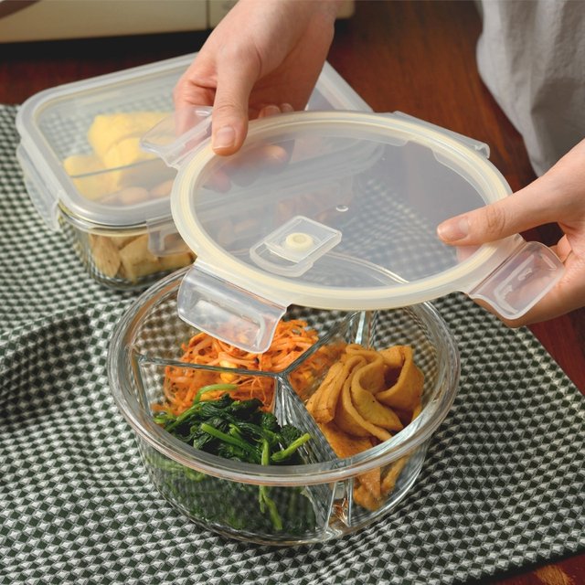 디유 유리 반찬통 3칸 밀폐 뚜껑 찬기_나눔 접시 세트_원형 직사각_전자레인지 용기 가능