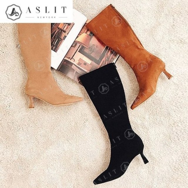 [애슬릿] 스웨이드 스틸레토 미들 힐 스판 롱 부츠